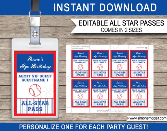 Baseball Party All Star Pass Printable Template Team - Etsy