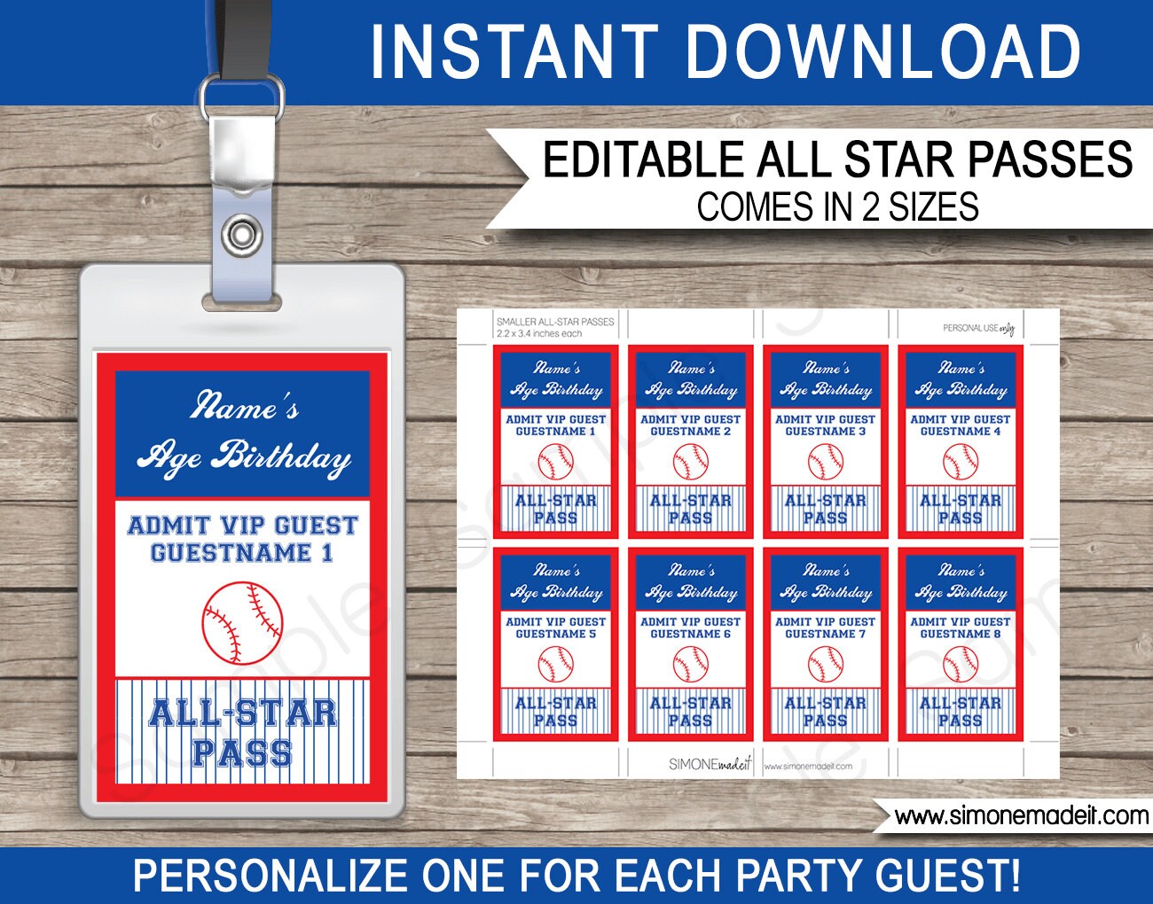Baseball Party All Star Pass Printable Template Team - Etsy