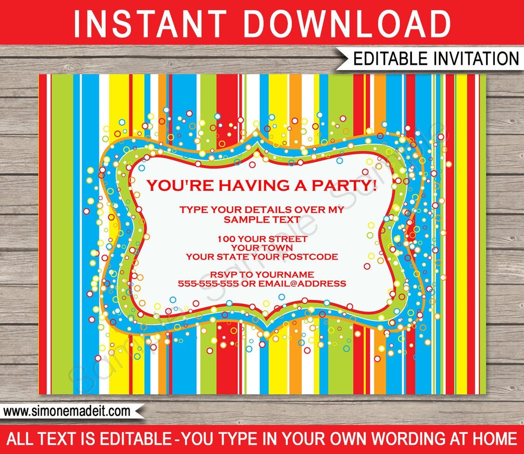 Printable Colorful Invitation Template - Birthday Party - INSTANT ...