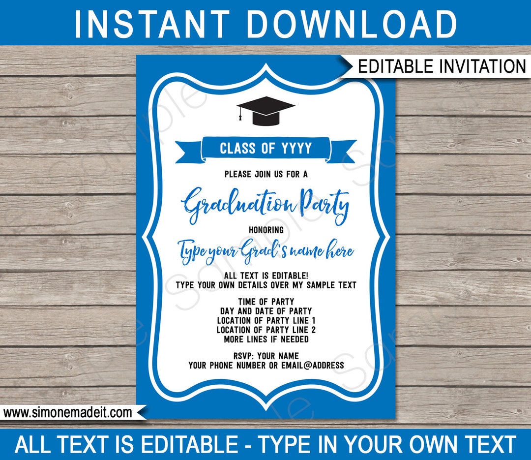 Blue Graduation Party Invitations - Printable Template - Any Year ...