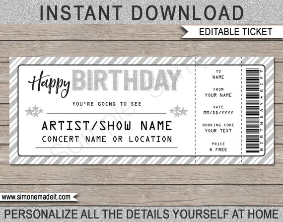 Birthday Gift Concert Ticket Printable Gift Voucher Certificate 