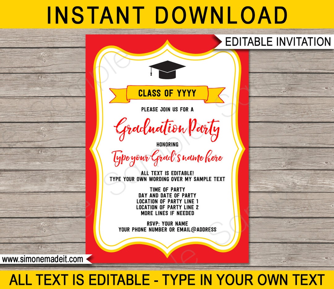 Graduation Party Invitations - Red & Gold or Yellow - Printable ...