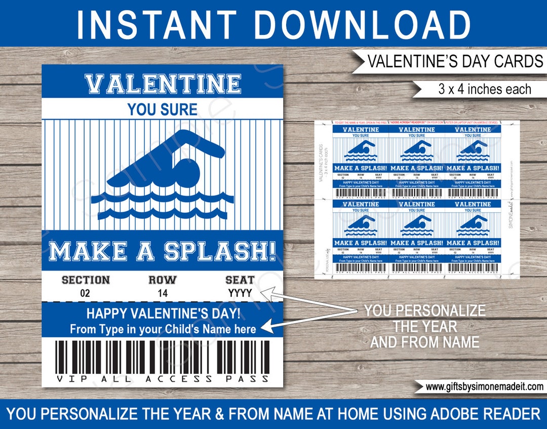 Swimming Valentine Cards: Personalized Kids Gift Tags (instant Download ...