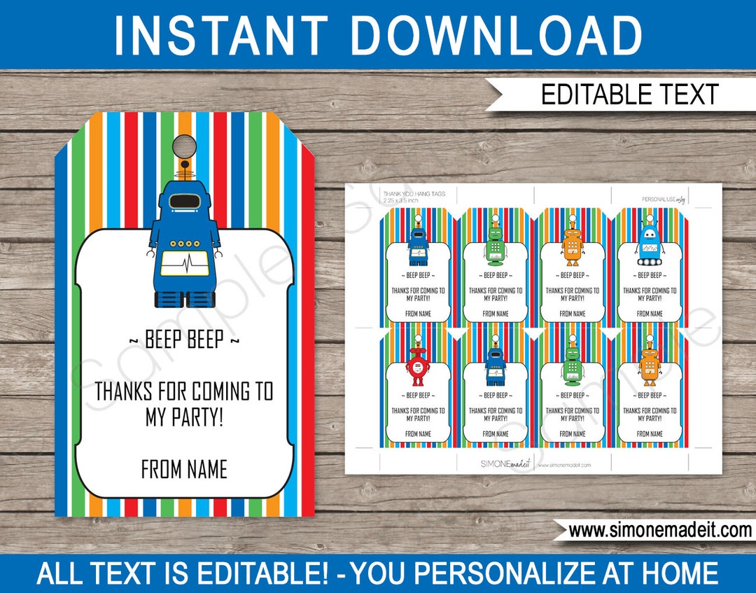 Robot Favor Tags Template - Printable Birthday Party Thank You Tags ...