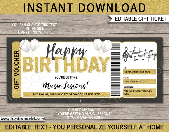 Music Lessons Gift Voucher Certificate Ticket Template Printable ...