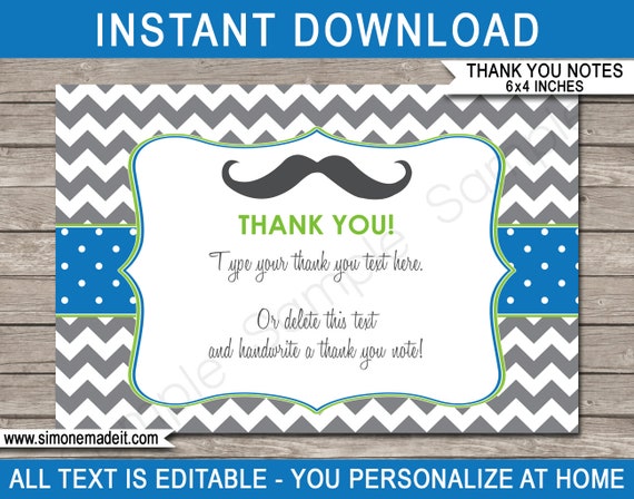 Mustache Party Thank You Cards Template - Printable Little Man Notes ...