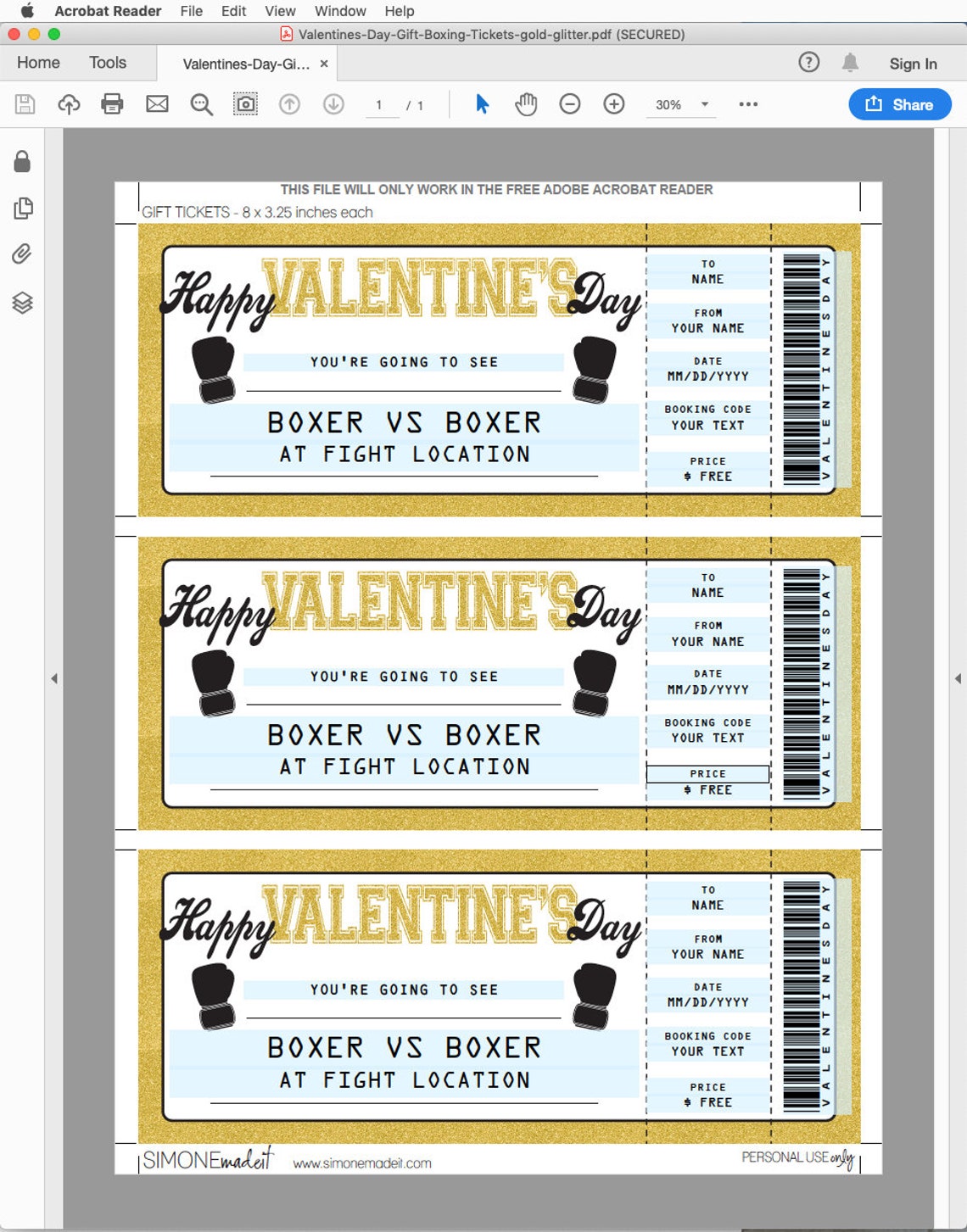 Valentine's Day Boxing Match Ticket - Editable Printable (instant ...