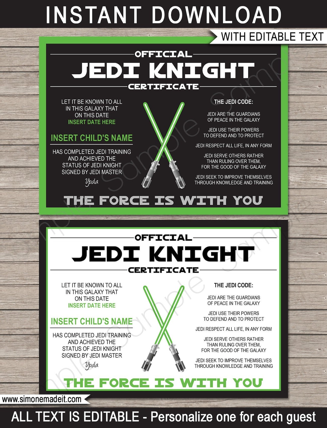 Star Wars Jedi Knight Certificate: Editable Birthday Party Favor ...