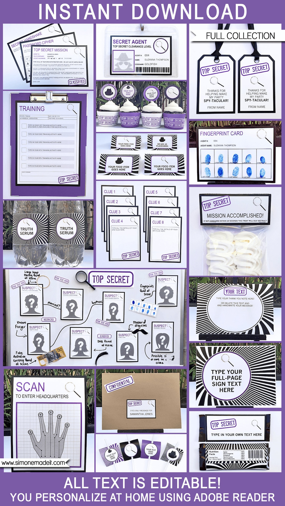 Spy Theme Party Template Bundle + Invitations - Printable Secret Agent ...