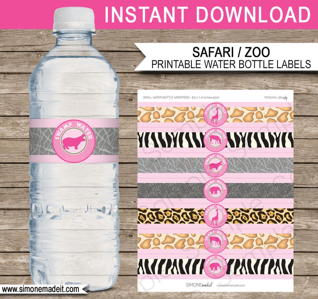 Safari Theme Water Bottle Labels for Girls - Animal Safari, Jungle or ...