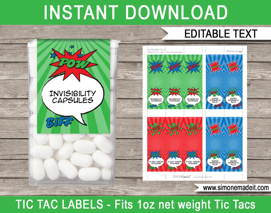 Super Hero Tic Tac Labels Template Birthday Party Favors Printable ...