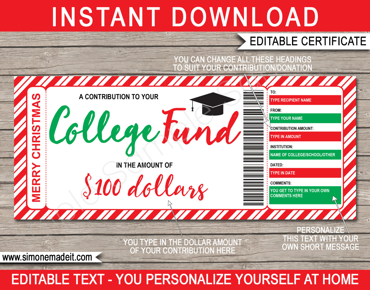 Printable Christmas College Fund Gift Certificate - Editable Tuition ...
