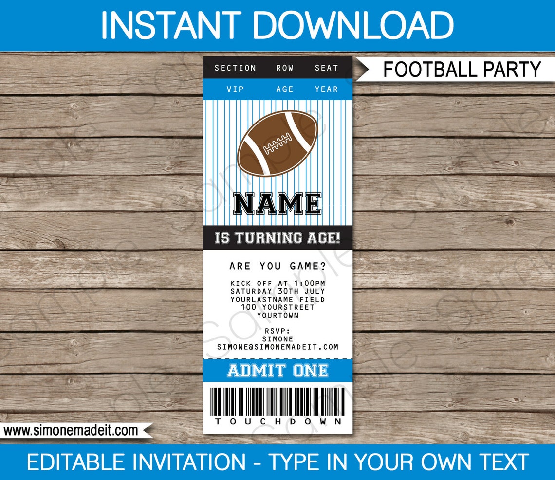 Football Ticket Invitation Template Birthday Party Blue - Etsy