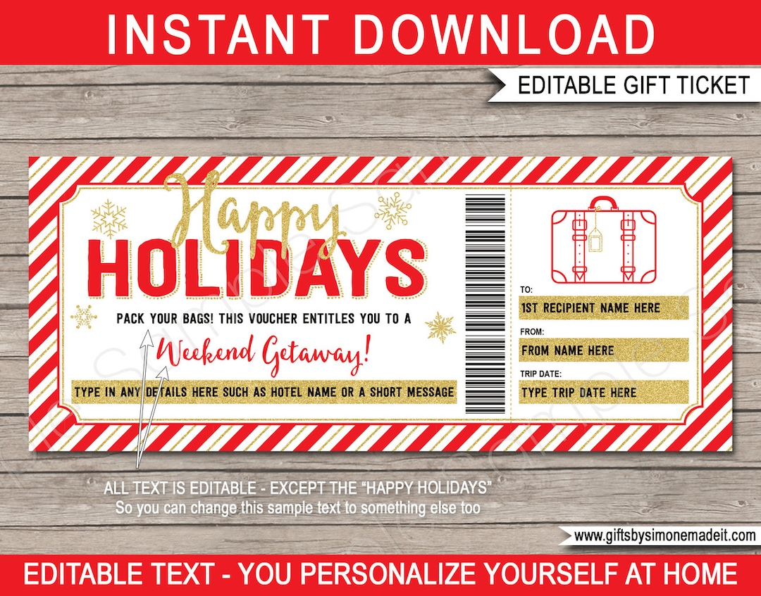Weekend Getaway Gift Voucher Template: Editable Travel Ticket (instant ...