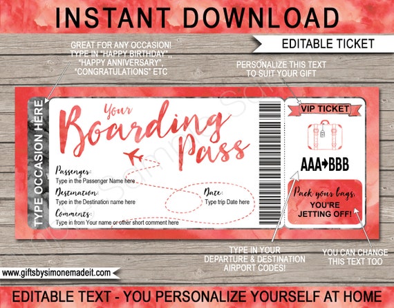 Boarding Pass Plane Ticket Gift Printable Template - Surprise Airline ...