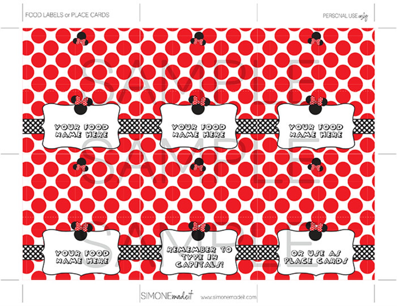 Red Minnie Mouse Food Labels Template Printable Theme - Etsy