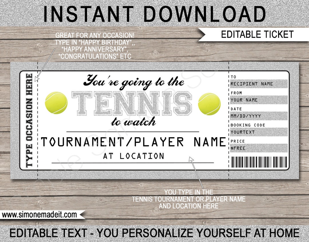 Tennis Gift Ticket Printable Template - Any Occasion - Surprise Tickets ...