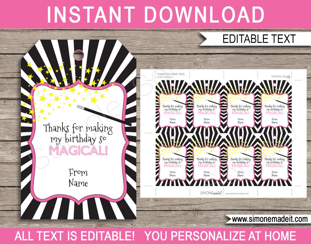Magic Party Favor Tags Template - Printable Birthday Party Thank You ...