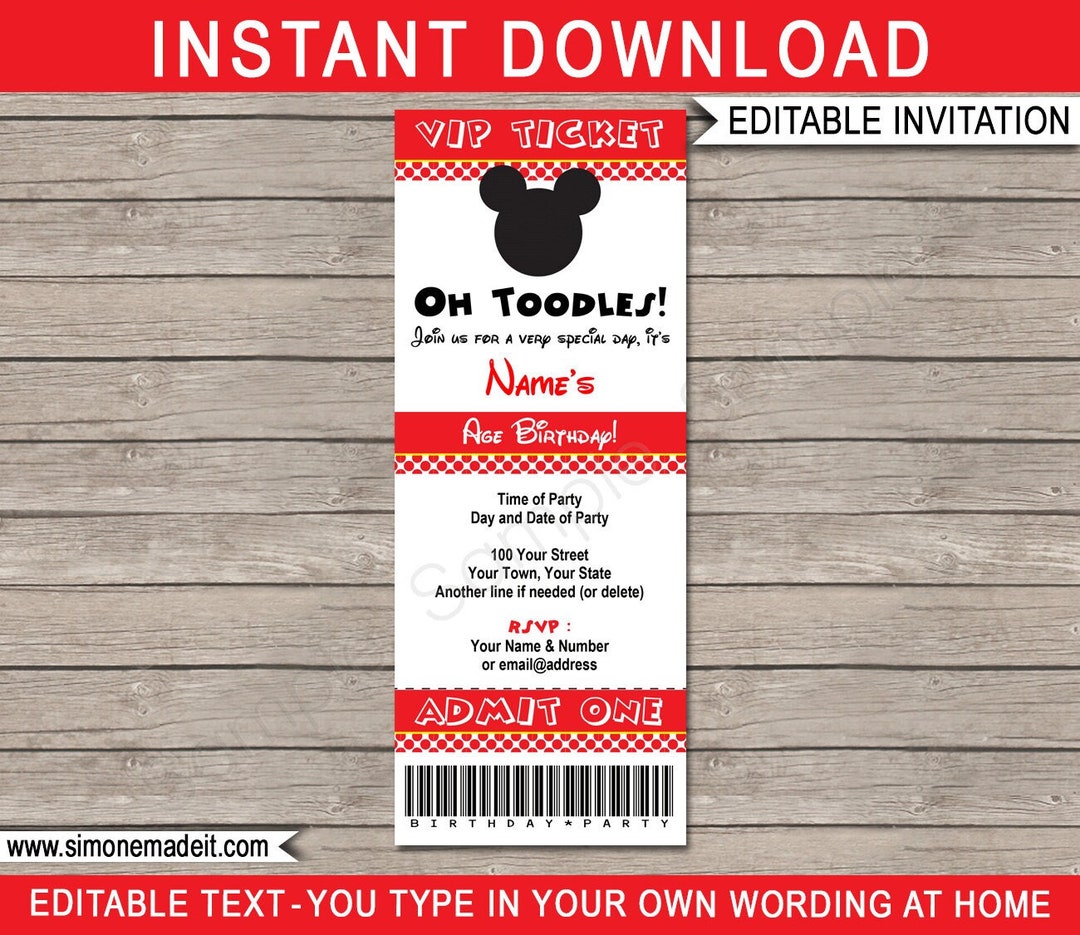 Mickey Mouse Ticket Invitation Template - Printable Birthday Party ...