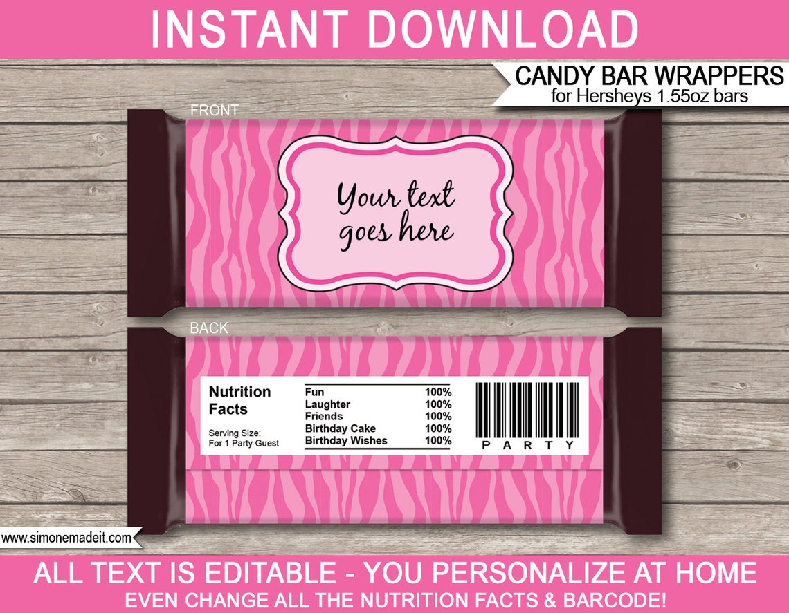 Pink Zebra Candy Bar Wrappers Birthday Party Favors | Etsy