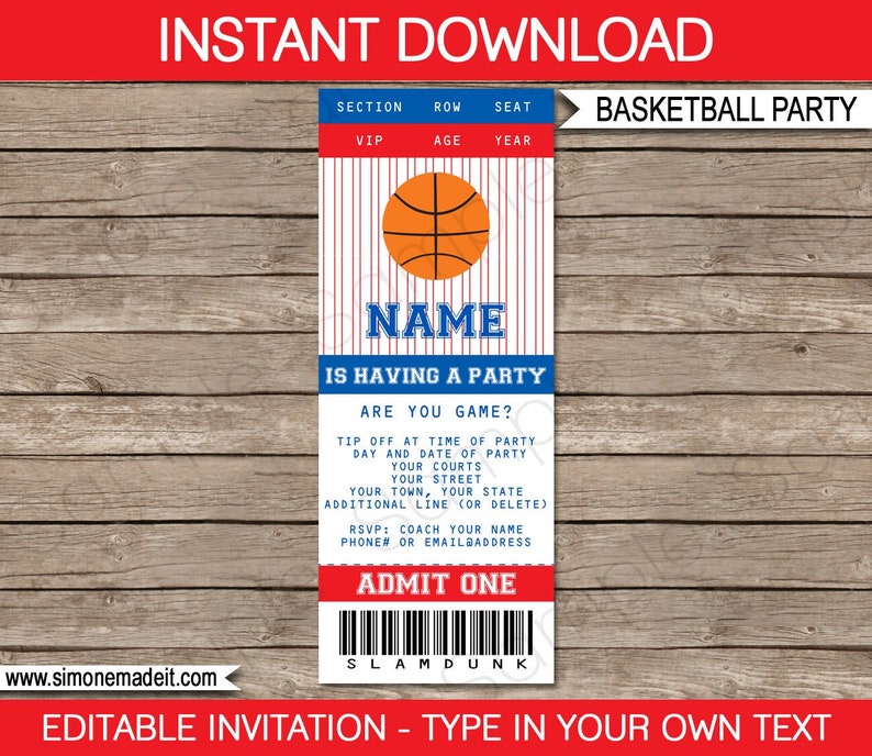 Basketball Ticket Birthday Invitation: Red & Blue, Editable Text ...