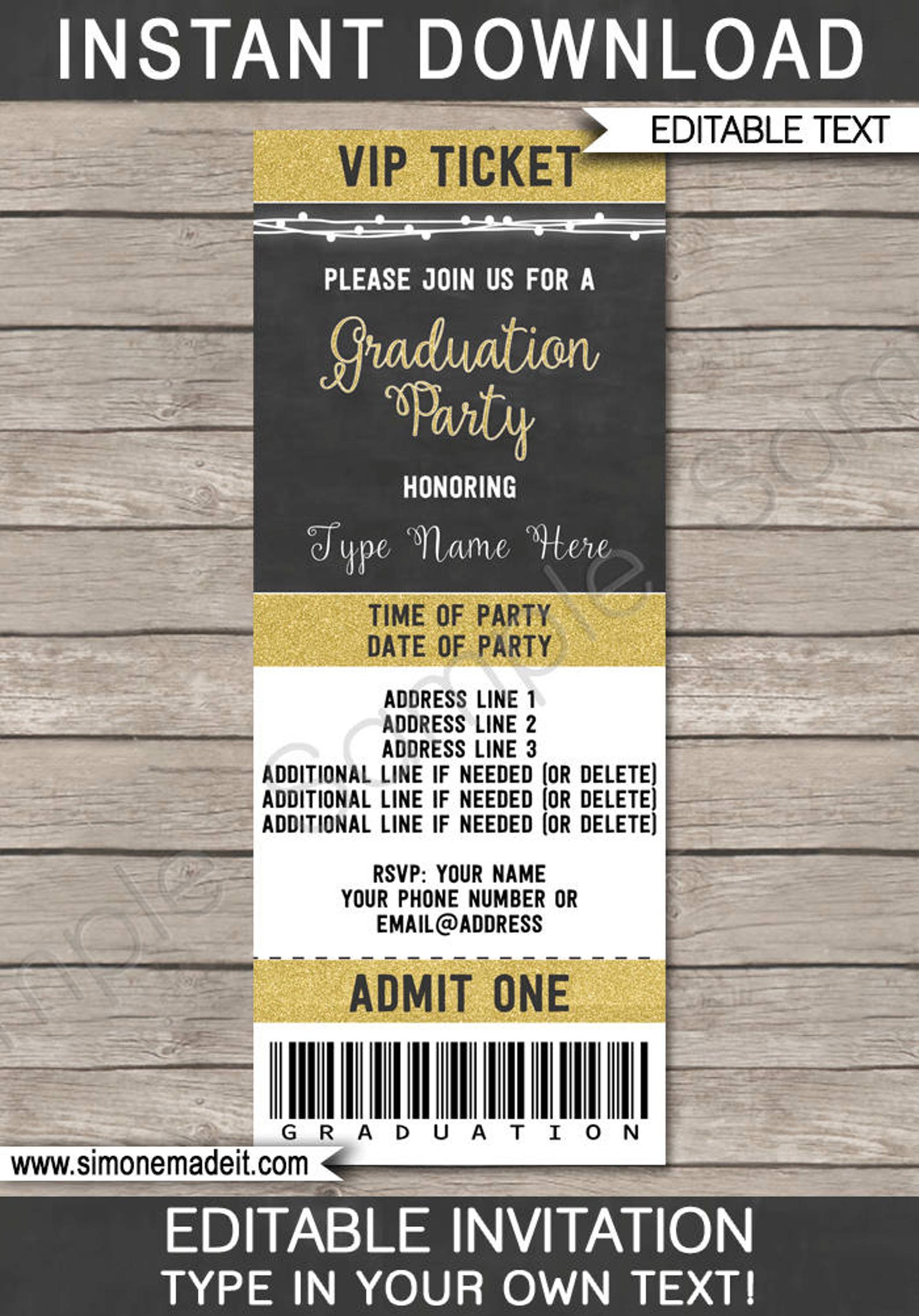 Gold Graduation Party Invitations & Decorations Template Bundle - Any ...