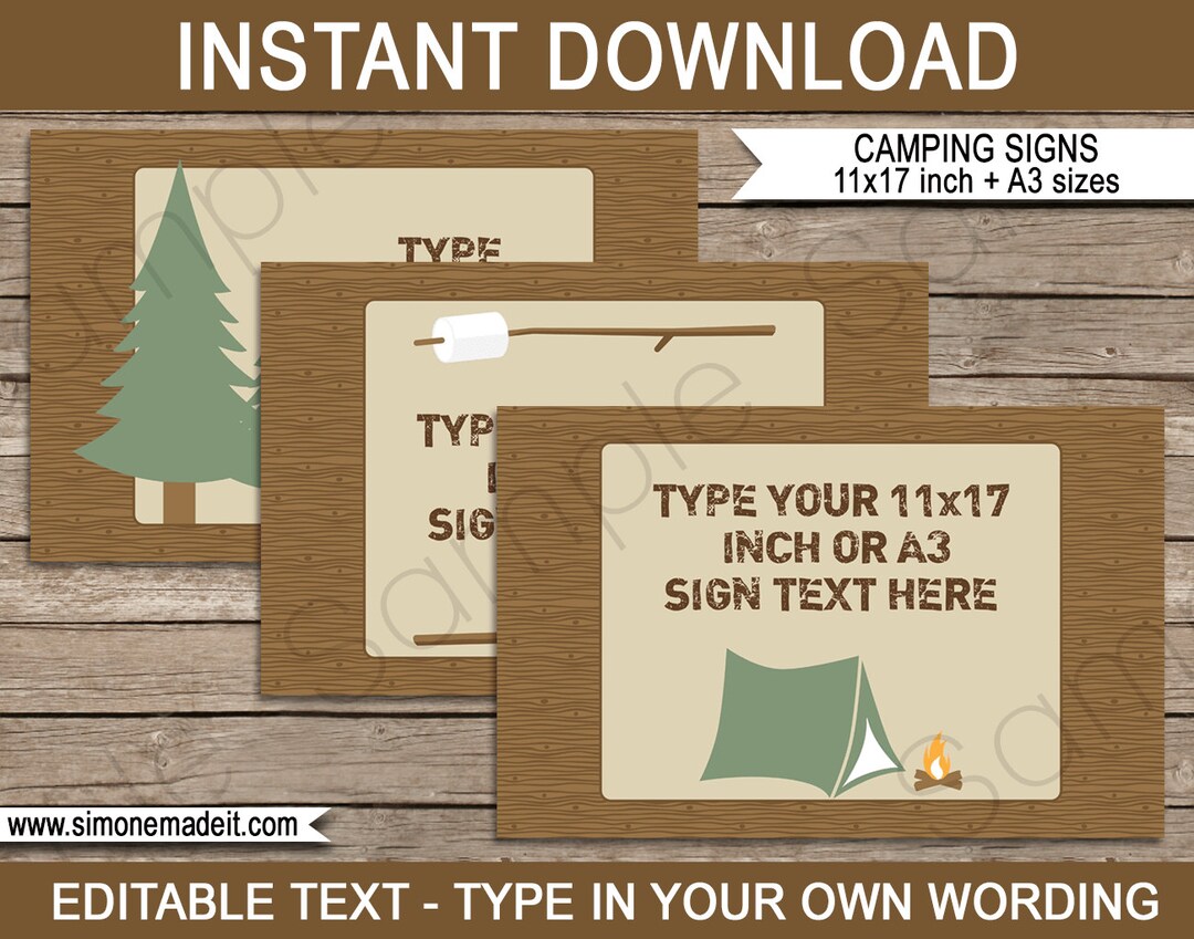 Camping Party Signs - INSTANT DOWNLOAD With EDITABLE Text - Pdf ...
