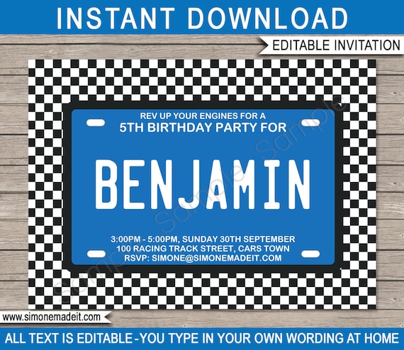 Blue Race Car Invitation Template - Birthday Party - INSTANT DOWNLOAD ...