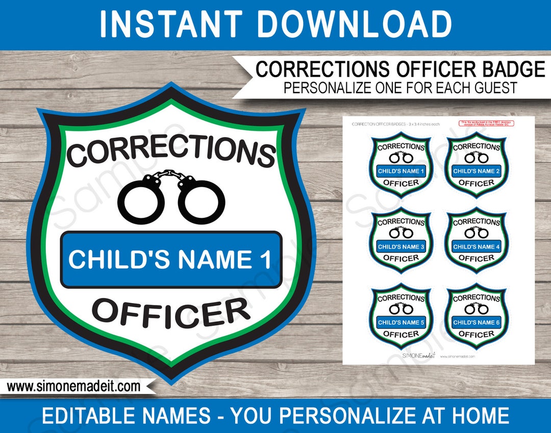 Printable Corrections Officer Badge Template: Editable Party Decoration ...