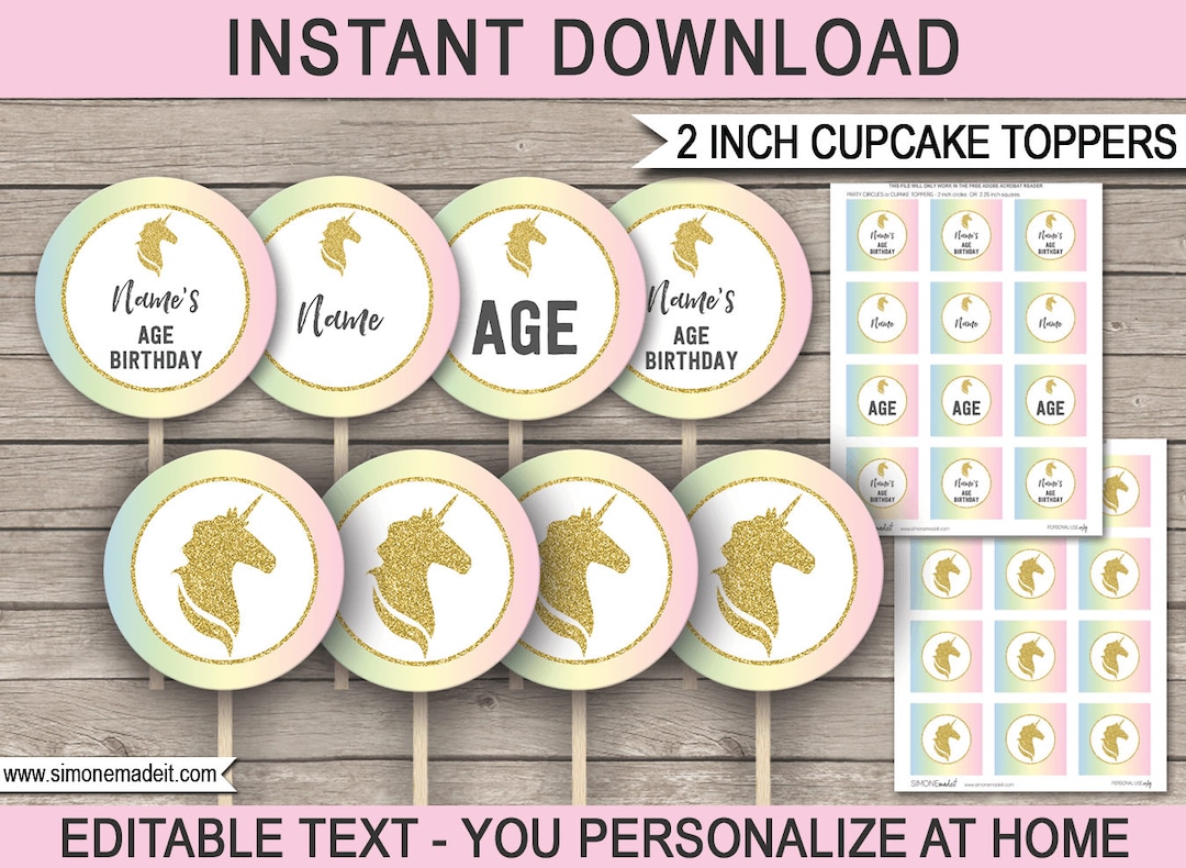 Printable Unicorn Cupcake Toppers: Editable Party Decorations (digital ...