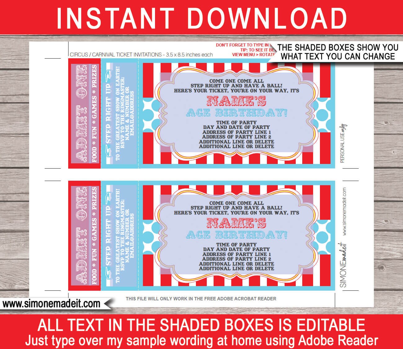 Circus Ticket Invitation Template Carnival Party Circus - Etsy Australia