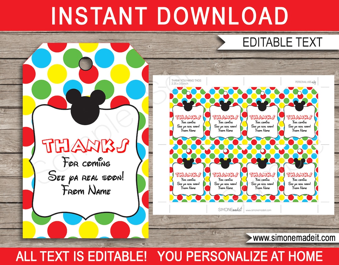 Mickey Mouse Favor Tags Template - Printable Birthday Party Thank You ...
