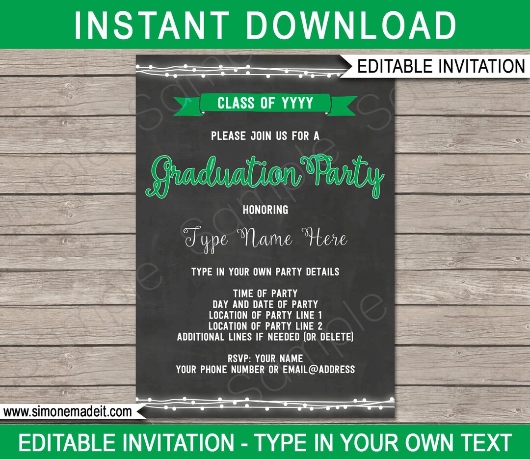 Graduation Party Invitation Template - Green Chalkboard - for Any Year ...