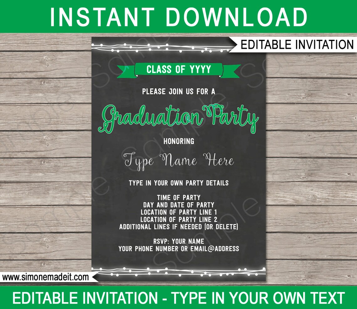 Graduation Party Invitation Template Green Chalkboard for | Etsy