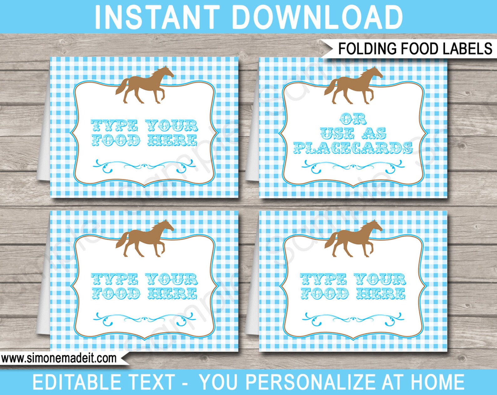 Pony Party Food Labels Template: Editable Horse Place Cards (digital ...