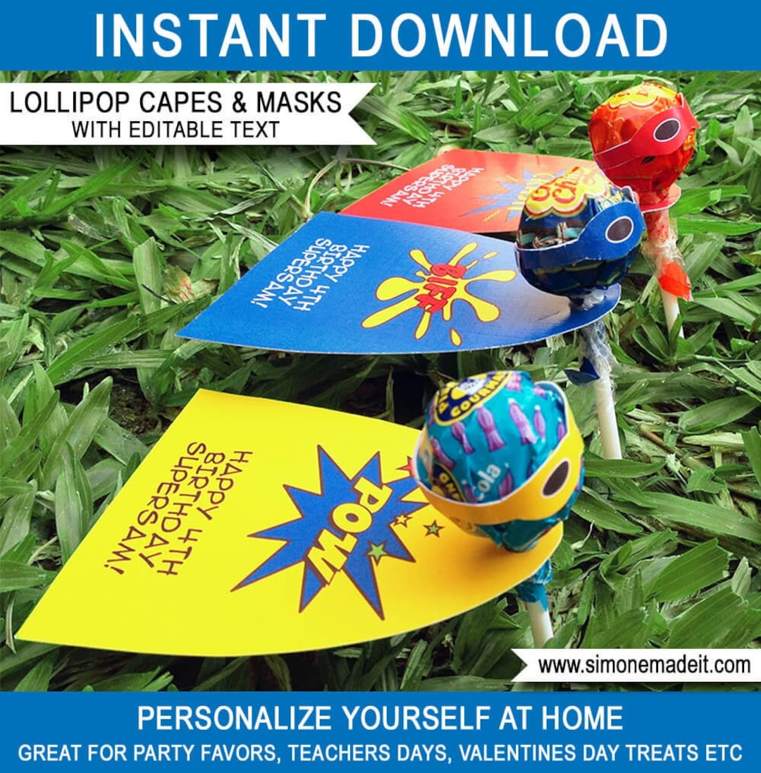 Superhero Lollipop Capes Masks Template - Printable Birthday Party ...