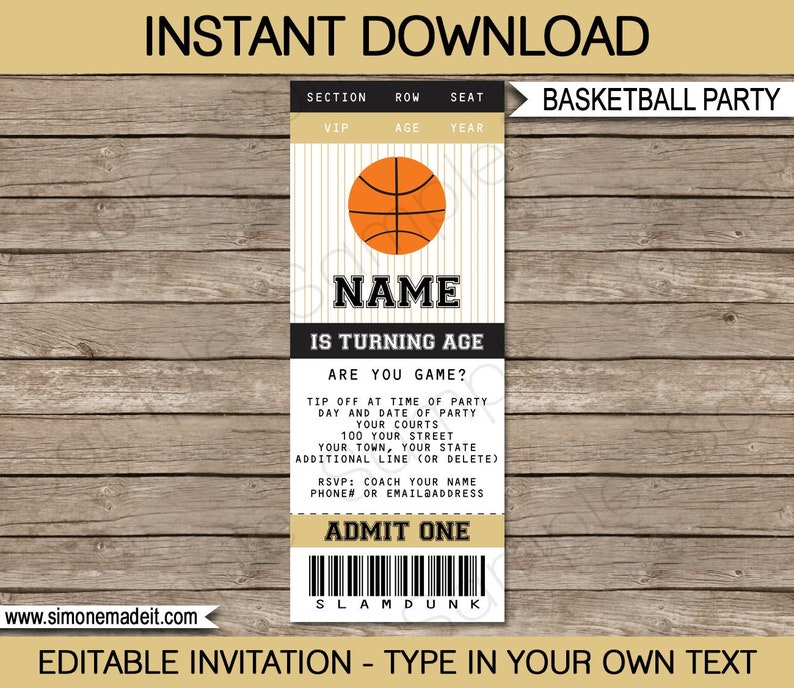 Basketball Ticket Invitation: Black & Gold Birthday Party (editable ...