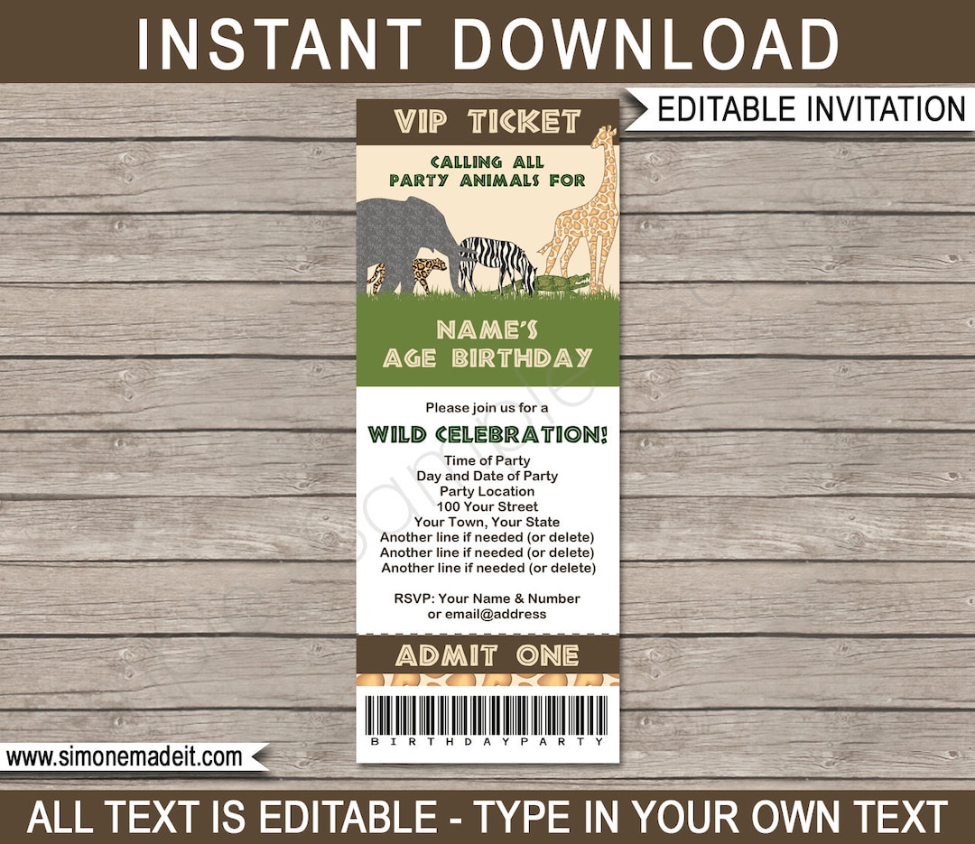 Safari Party Ticket Invitation Template - Printable Zoo Animal Safari ...