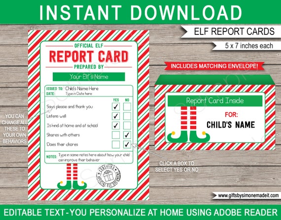 Elf Report Card Printable Template with Envelope - Behavior Chart ...
