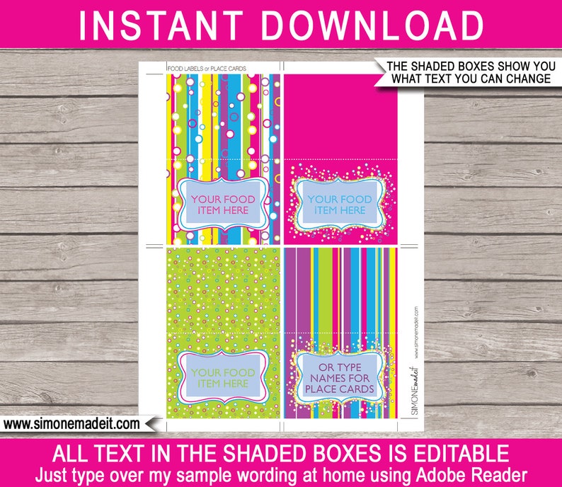 Editable Food Labels Template: Colorful Party Decorations (digital ...