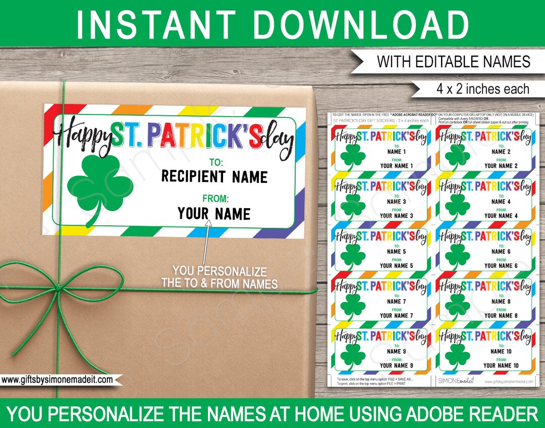 St Patricks Day Gift Tags: Editable Name Stickers (digital Download) - Etsy