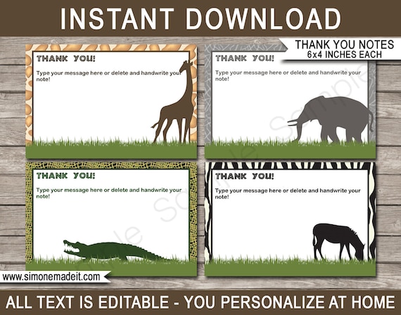 Safari Party Thank You Cards Template - Printable Birthday Party Zoo ...