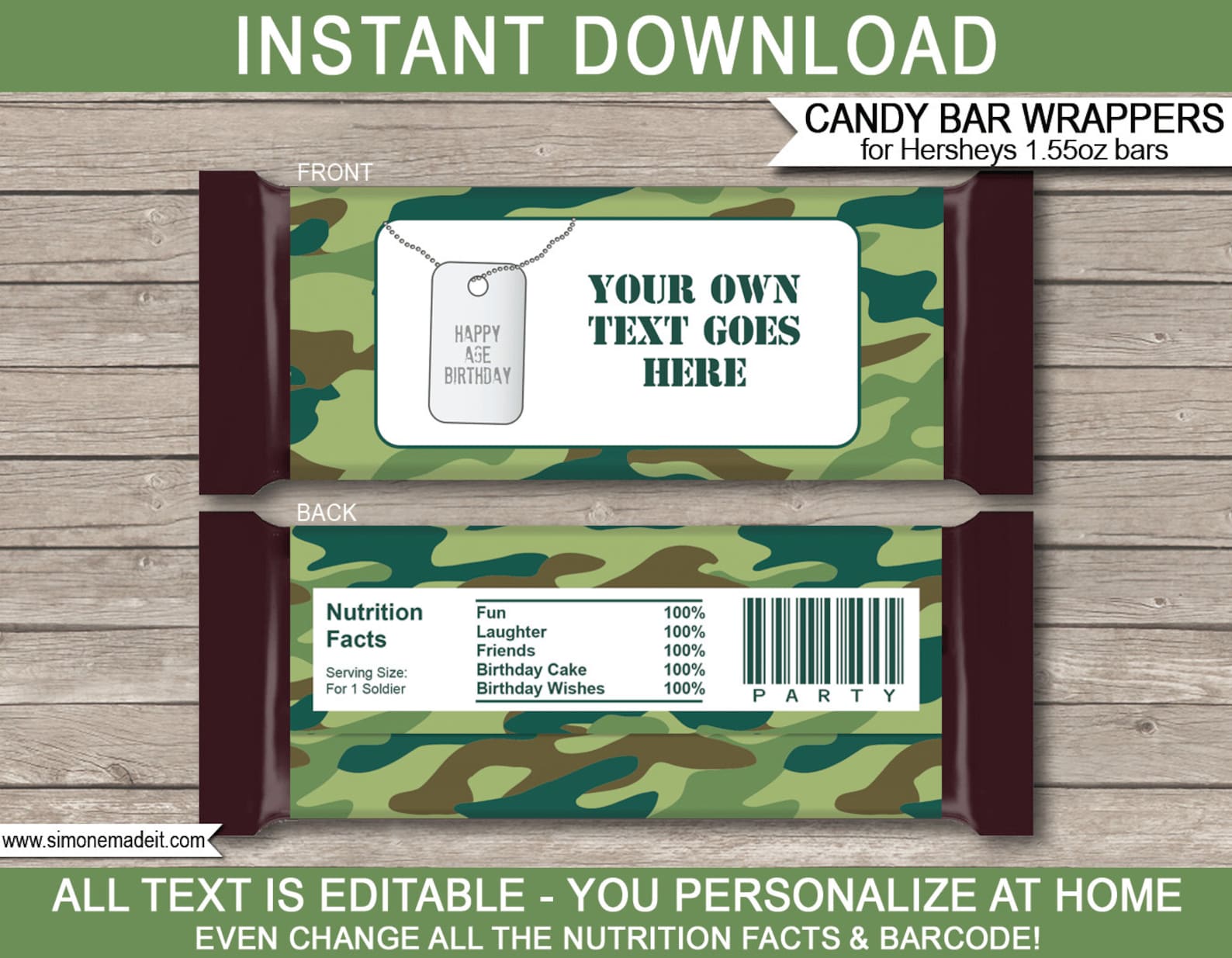 Army Candy Bar Wrappers Template Printable Green Camo Theme - Etsy