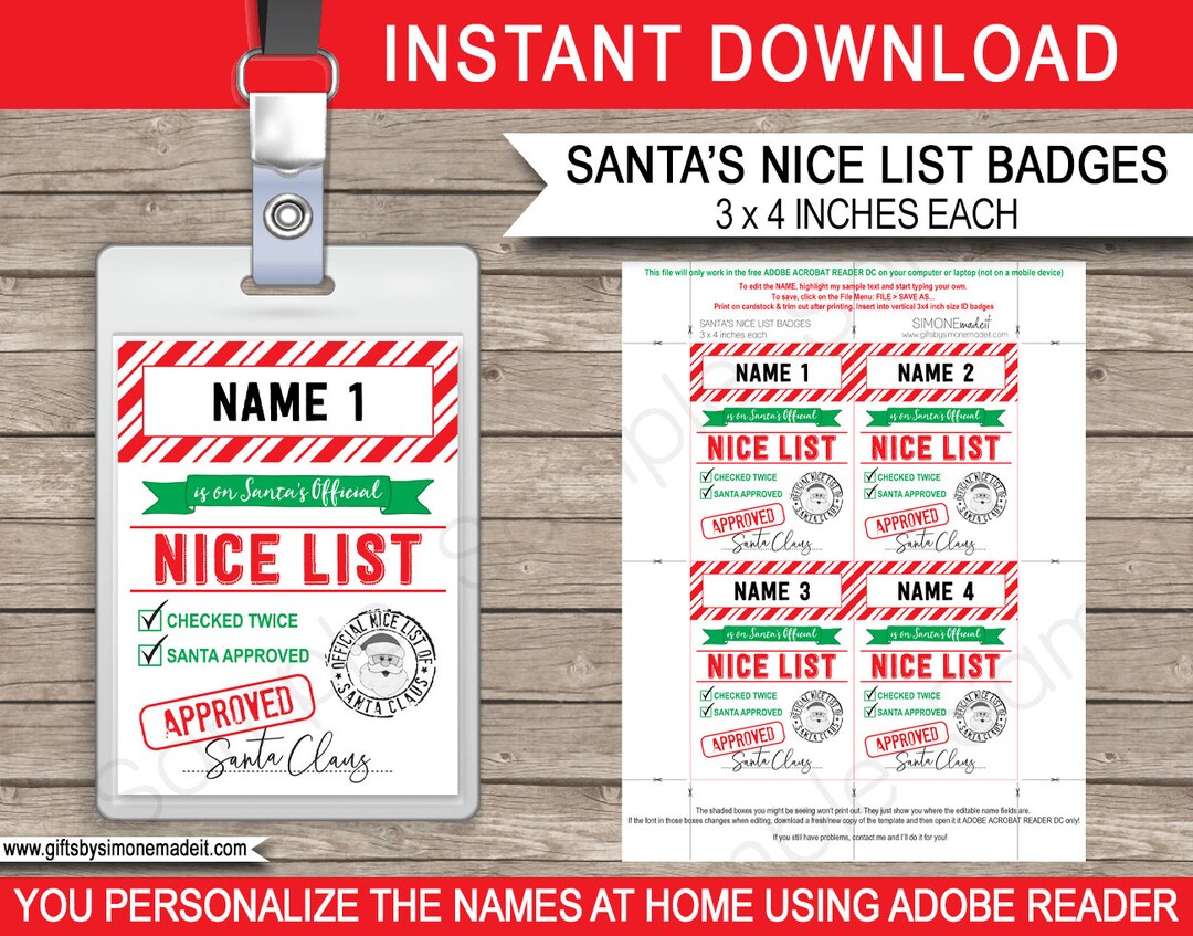 Santas Nice List Badge Template - Santas Workshop North Pole - Editable ...
