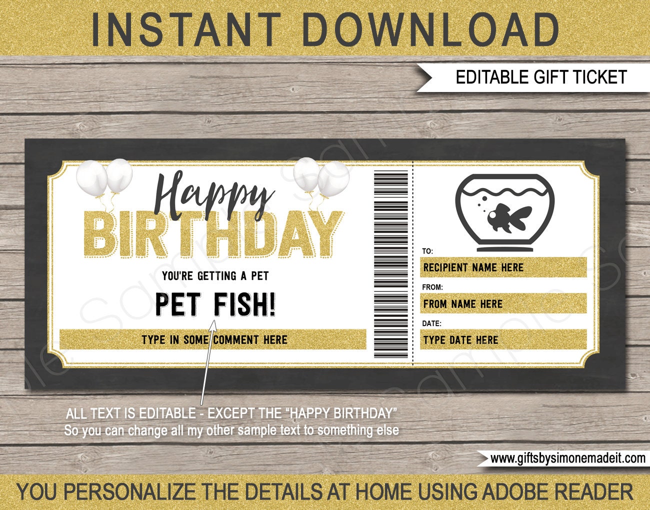 Pet Fish Birthday Gift Certificate: Printable Voucher (INSTANT DOWNLOAD ...