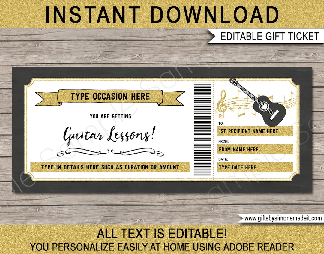 Guitar Lessons Ticket Template - Printable Music Gift Voucher for Any ...
