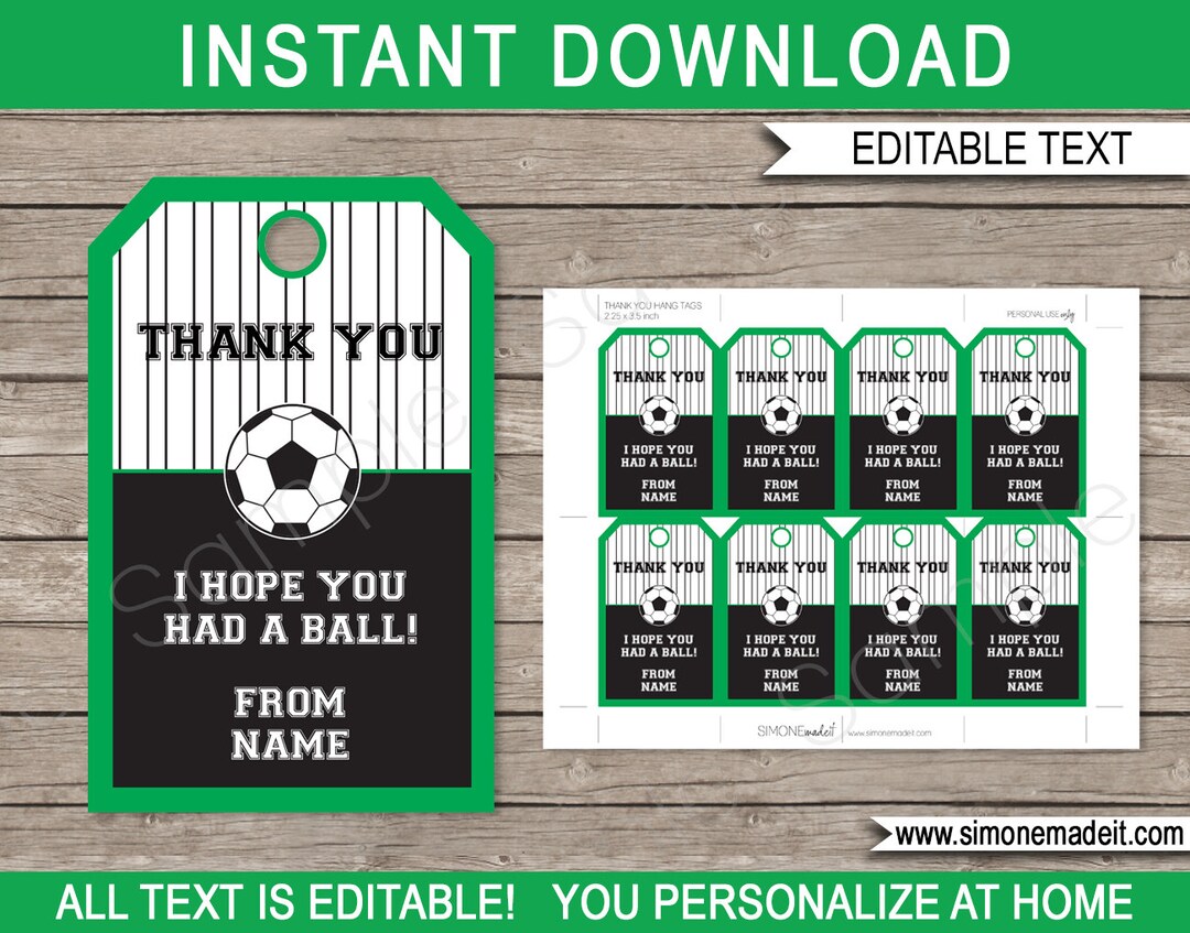 Soccer Favor Tags Thank You Tags Birthday Party Favors Printable ...