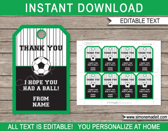 Soccer Favor Tags Thank You Tags Birthday Party Favors Printable ...