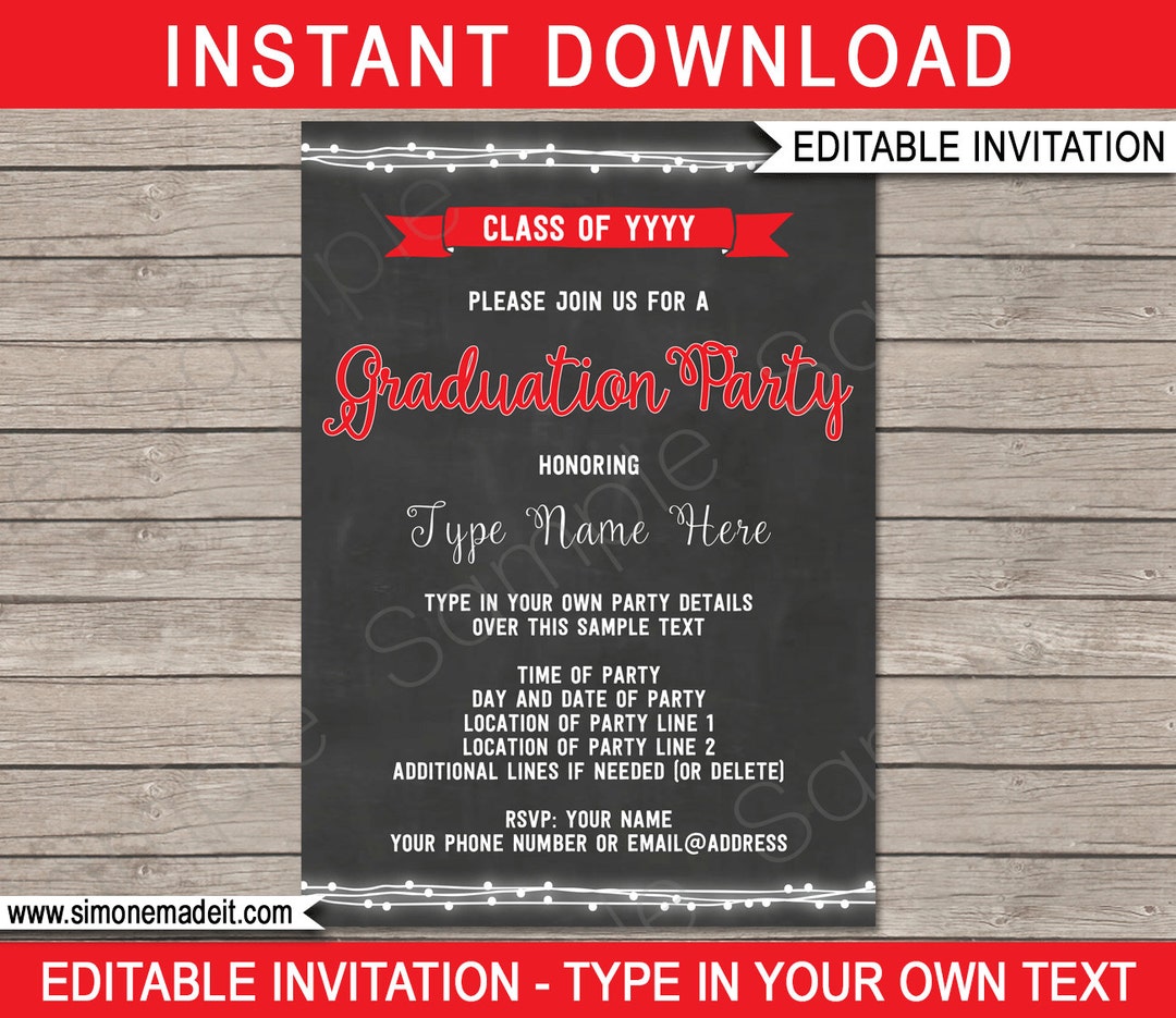 Graduation Party Invitation Template - Red Chalkboard - for Any Year ...