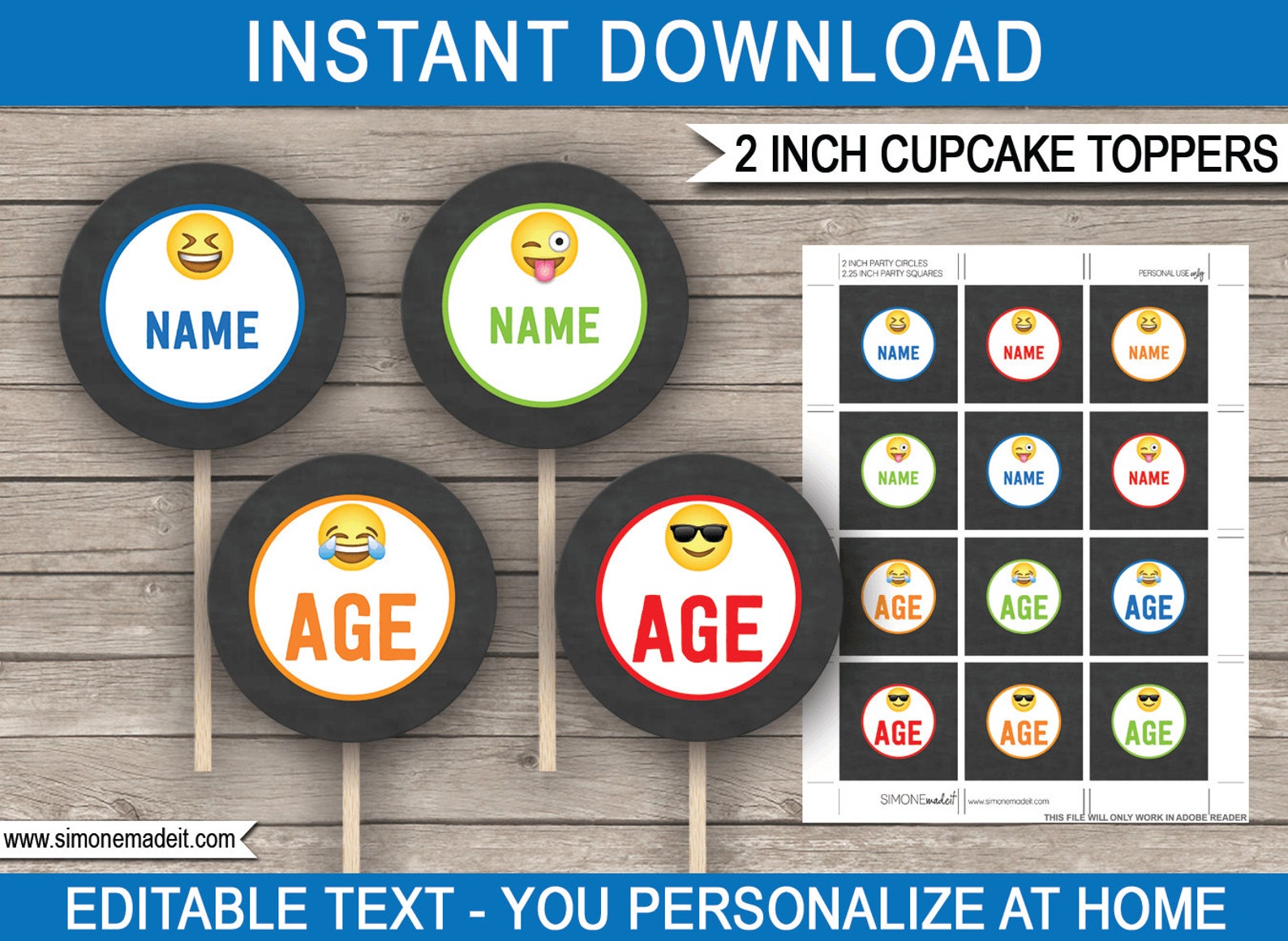 Emoji Theme Cupcake Toppers Template Printable Boys Birthday - Etsy